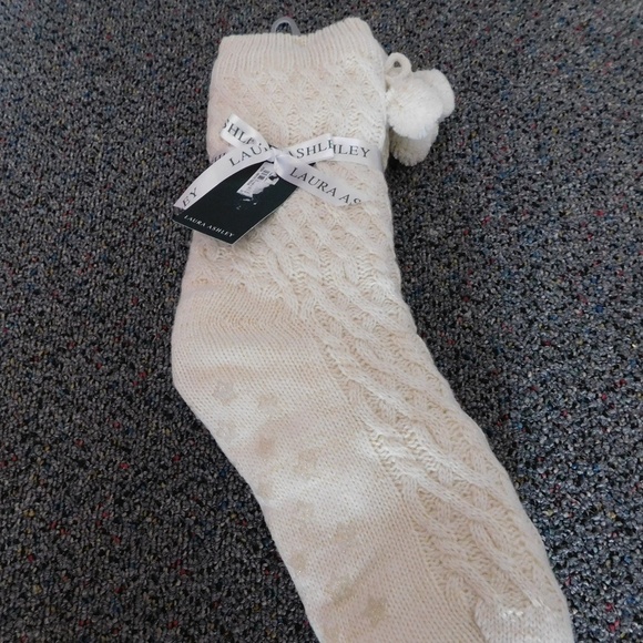Laura Ashley | Shoes | Laura Ashley Slipper Socks White Metallic Pom ...